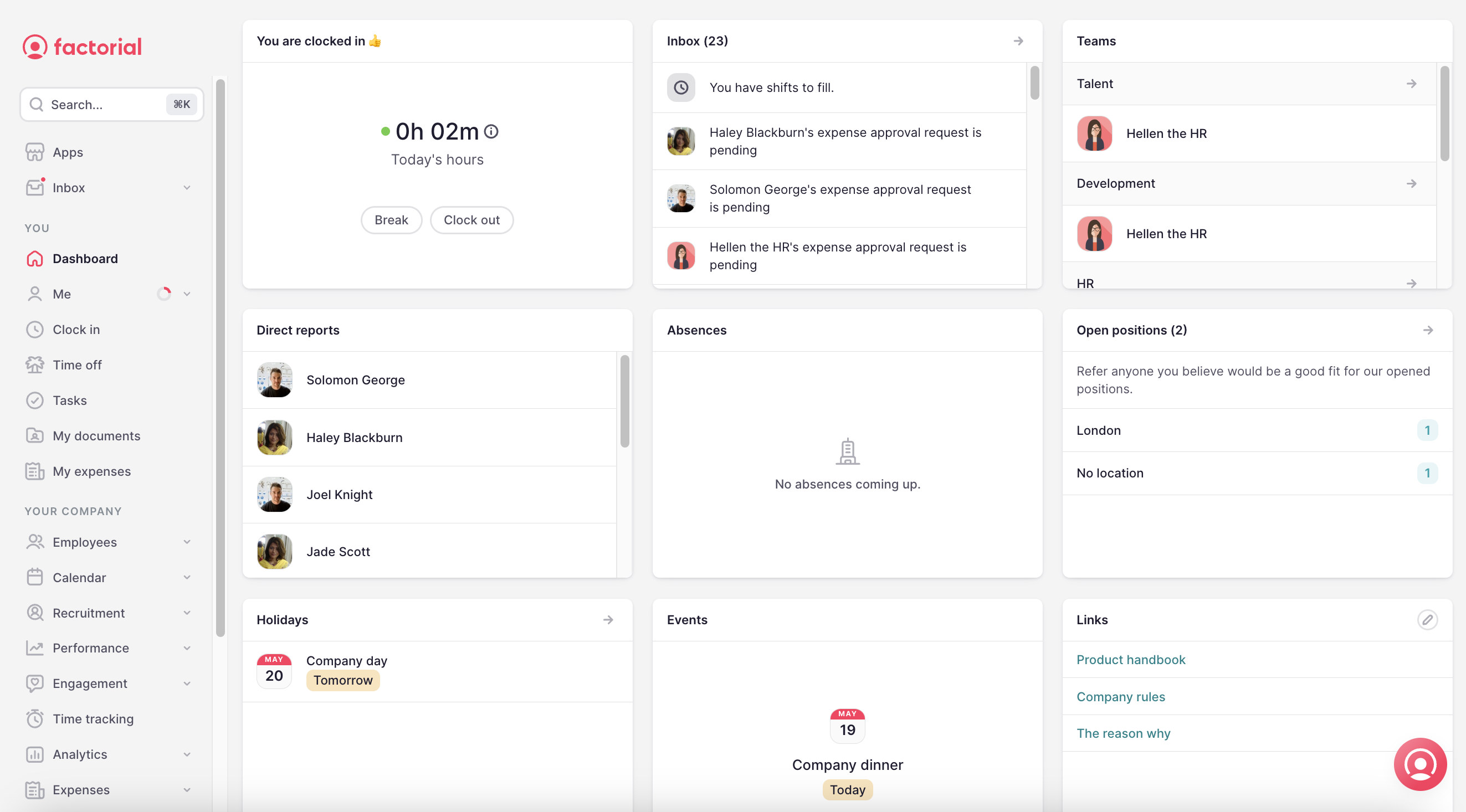 Factorial — About the dashboard